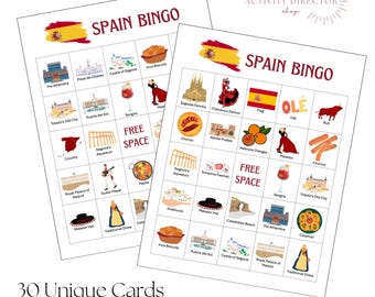 Spain Bingo - Travel Bingo - 30 Spain Bingo Cards - Spain Party Game ...