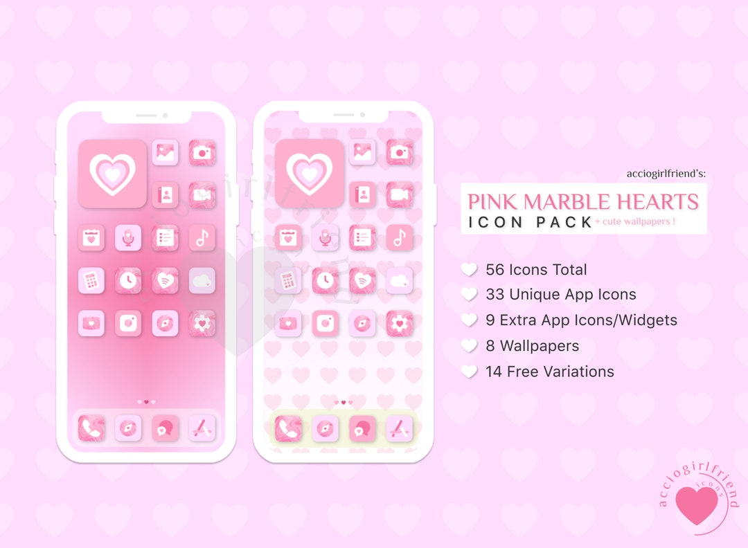 Pink Marble Hearts App Icon Pack Iphone IOS & Android Cute - Etsy