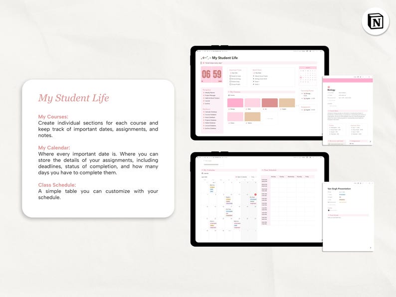2025 Student Notion Template Pink | Academic Notion Planner College ...