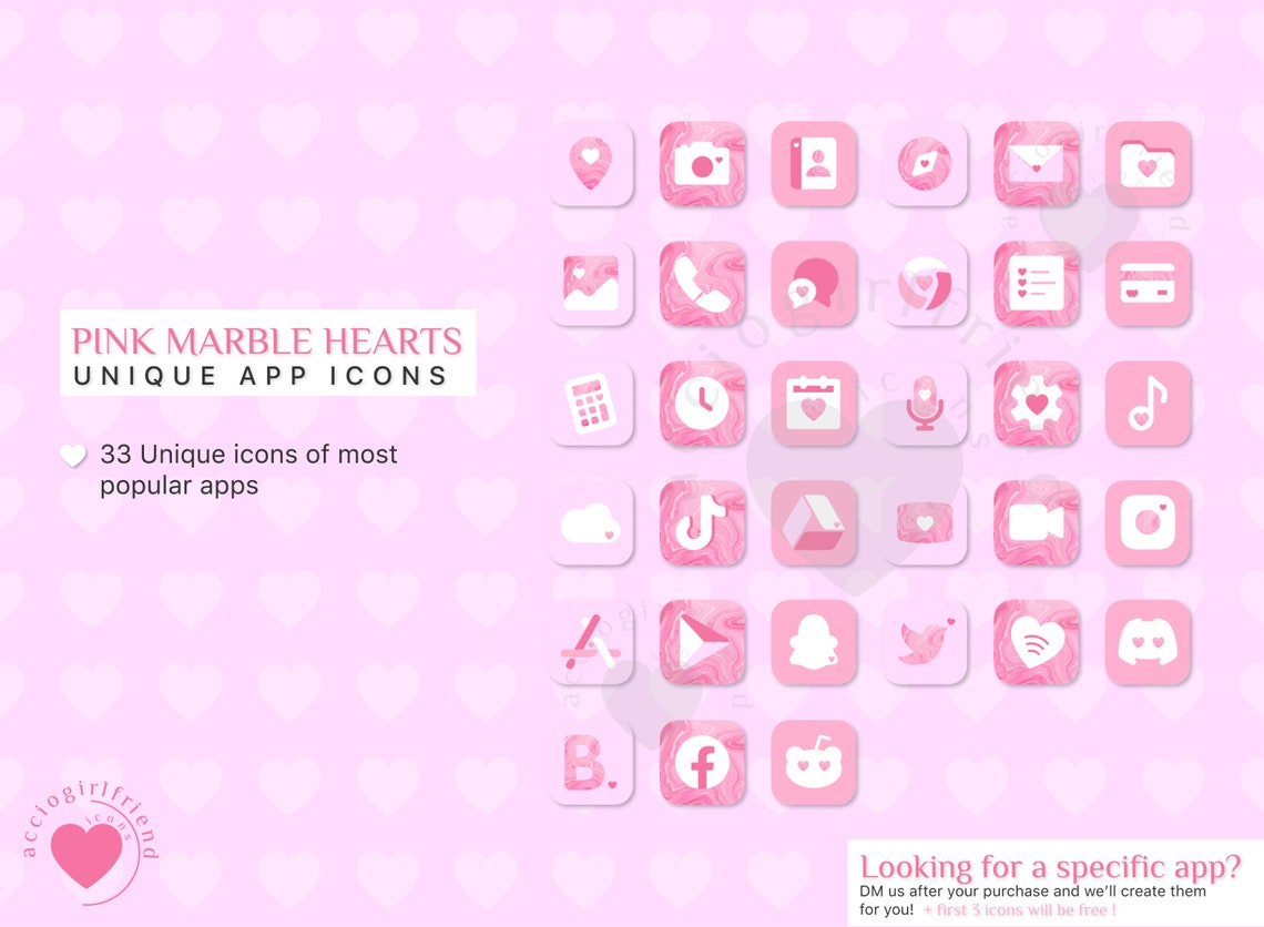 Pink Marble Hearts App Icon Pack Iphone IOS & Android Cute - Etsy