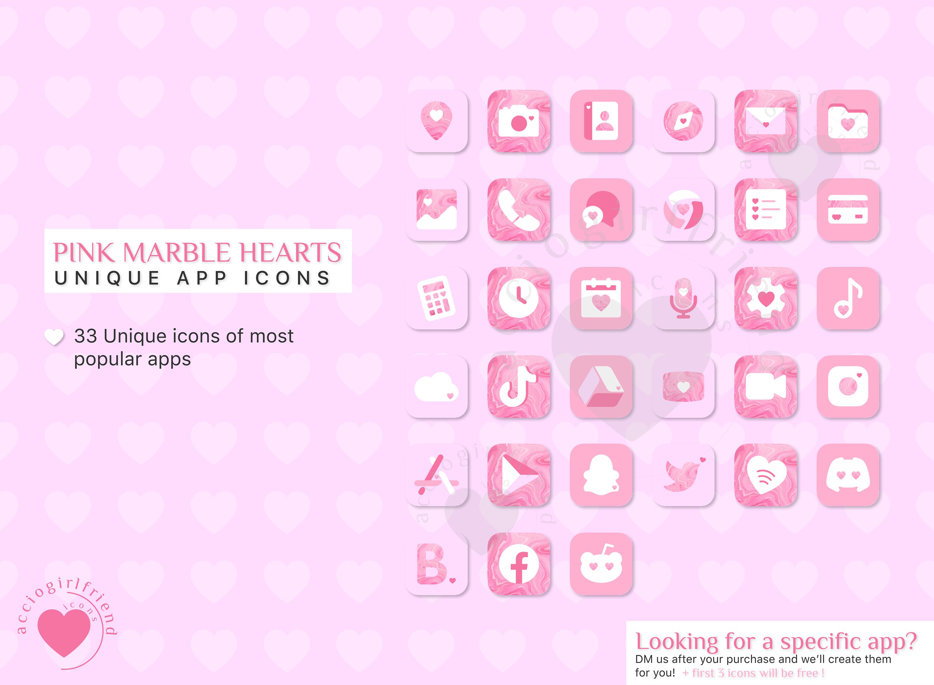Pink Marble Hearts | App Icon Pack, iPhone IOS & Android, Cute ...