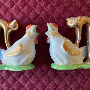 Cat on Chicken Bizarre Salt and Pepper Shakers, Pair Strange Gilded Cat ...