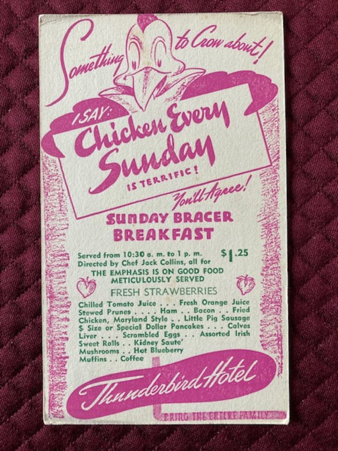 Thunderbird Hotel Postcard Menu, Sunday Breakfast: 1.25 Las Vegas ...
