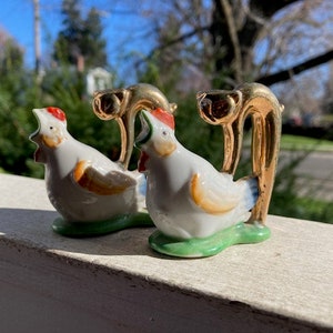 Cat on Chicken Bizarre Salt and Pepper Shakers, Pair Strange Gilded Cat ...