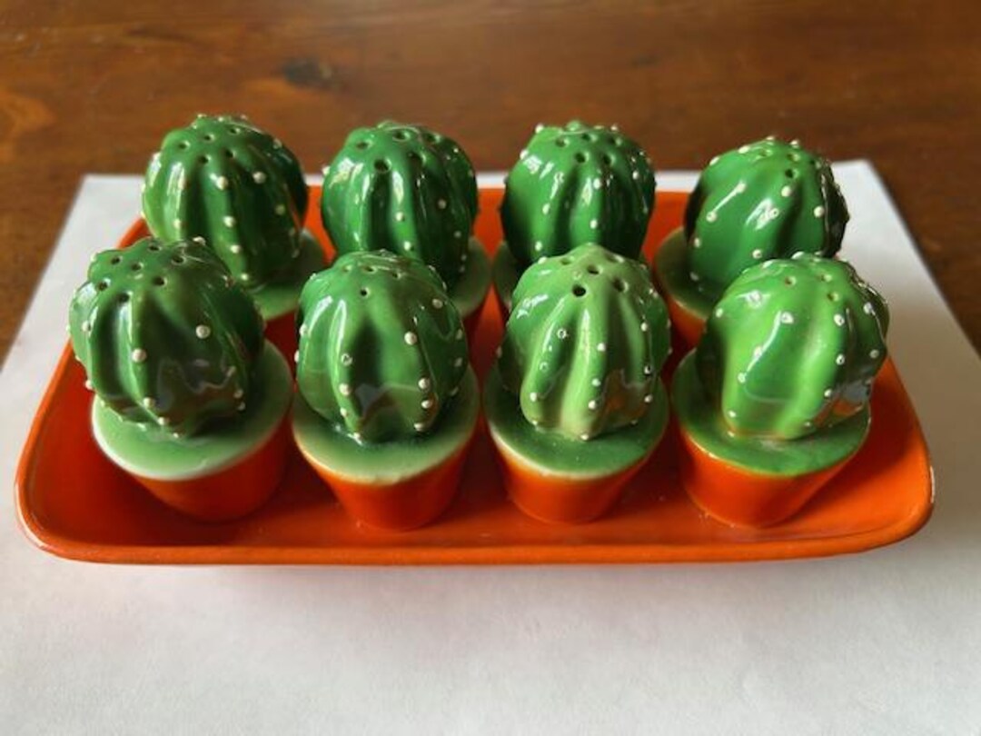 Cactus Salt and Pepper Shakers With Tray: 4 Matching Pair Vibrant Green ...