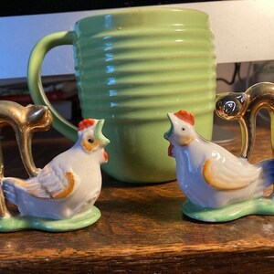 Cat on Chicken Bizarre Salt and Pepper Shakers, Pair Strange Gilded Cat ...