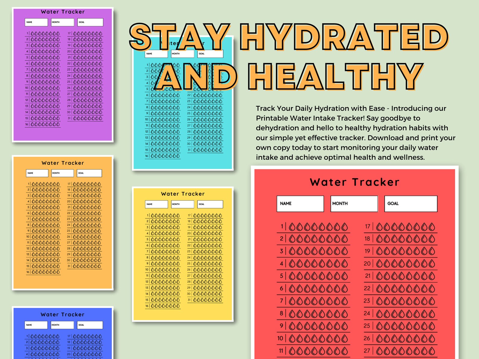 Water Intake Tracker, Printable Tracker, Monthly Water Tracker, 31 Day ...