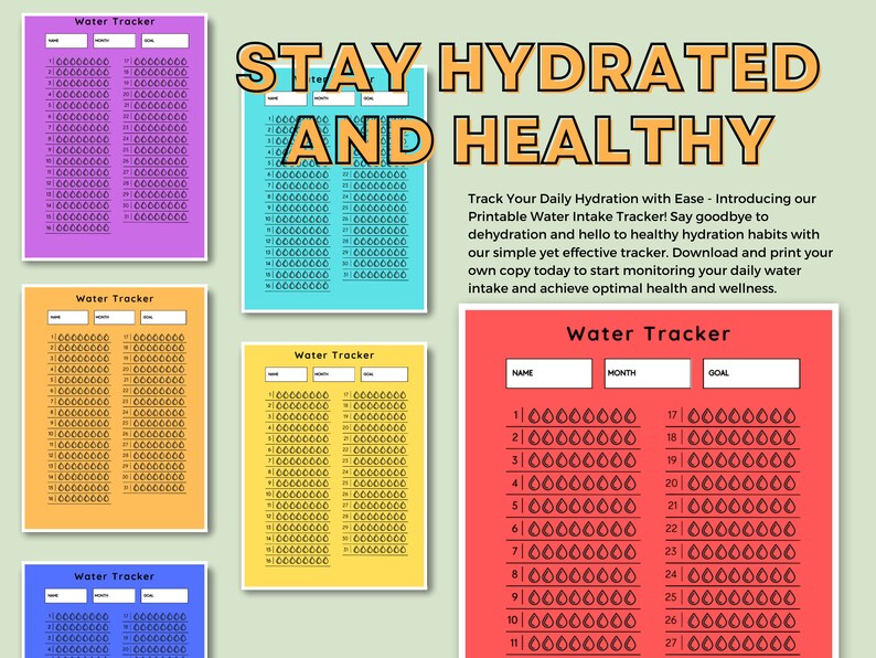 Water Intake Tracker, Printable Tracker, Monthly Water Tracker, 31 Day ...