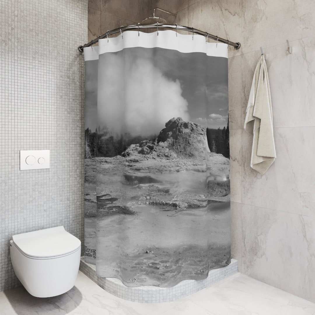 Castle Geyser in Yellowstone Black and White Photo on Polyester Shower ...