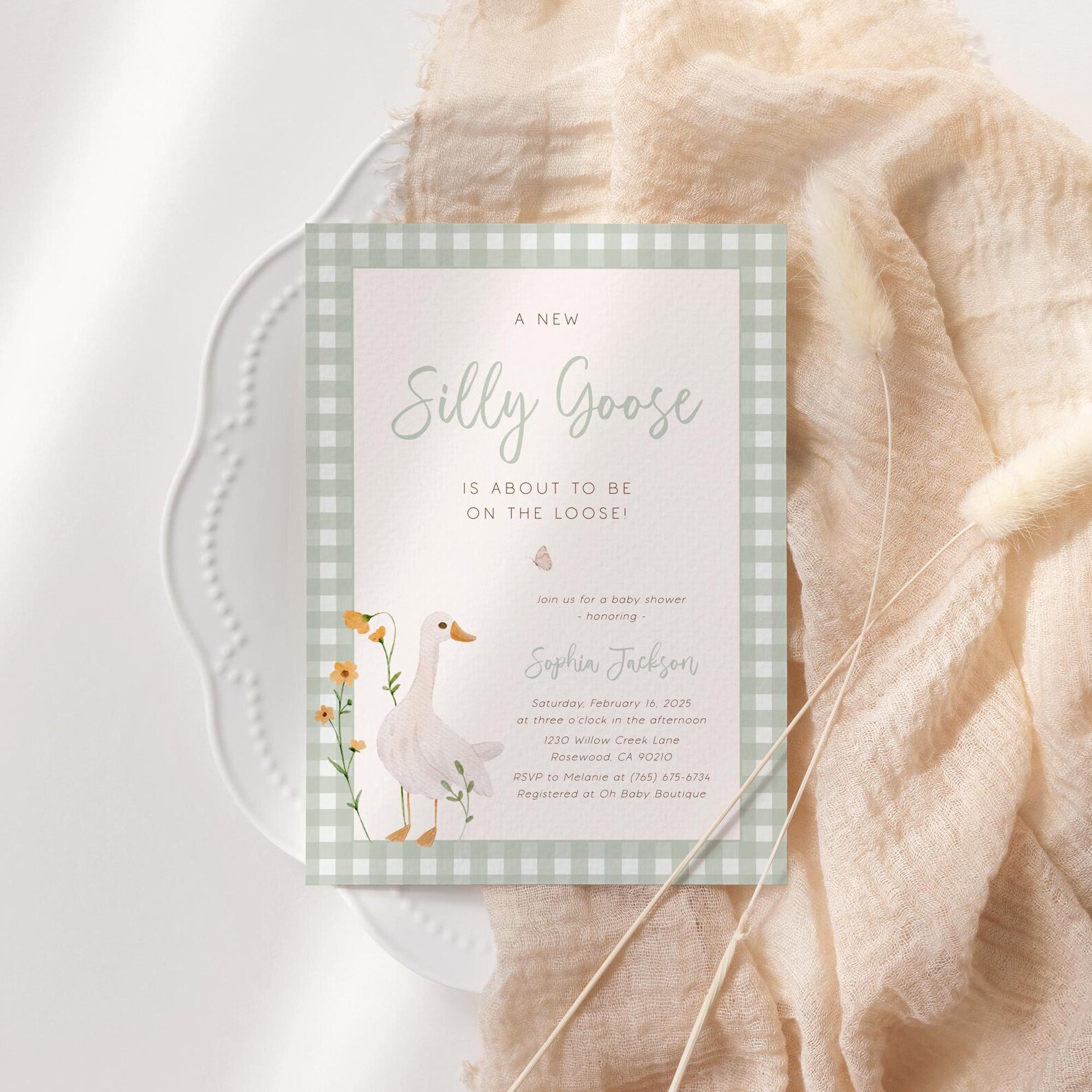 Silly Goose Baby Shower Invitation: Gingham Goose (digital Download) - Etsy