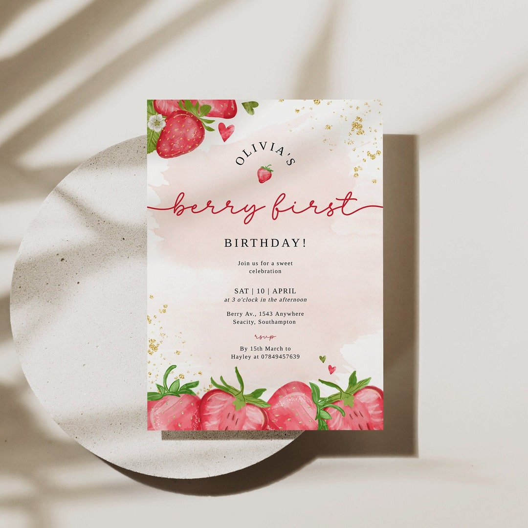 First Birthday Berry Invitation Template, Strawberry Birthday Party ...