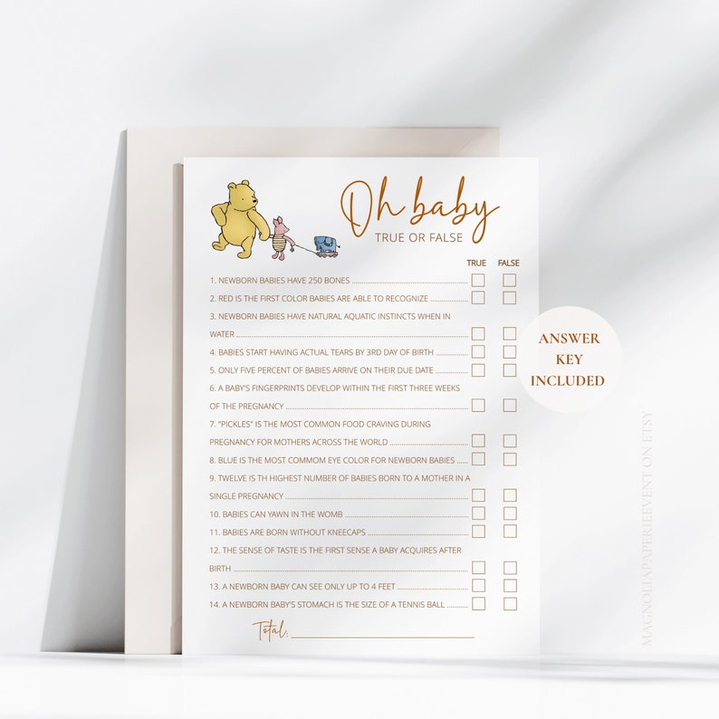 Winnie the Pooh Baby Shower Game: True or False Quiz (digital Download ...