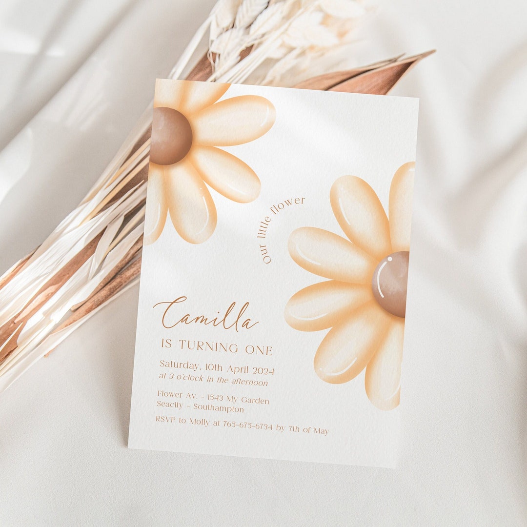 Editable Daisy Flower First Birthday Invitation Template, Wildflower ...
