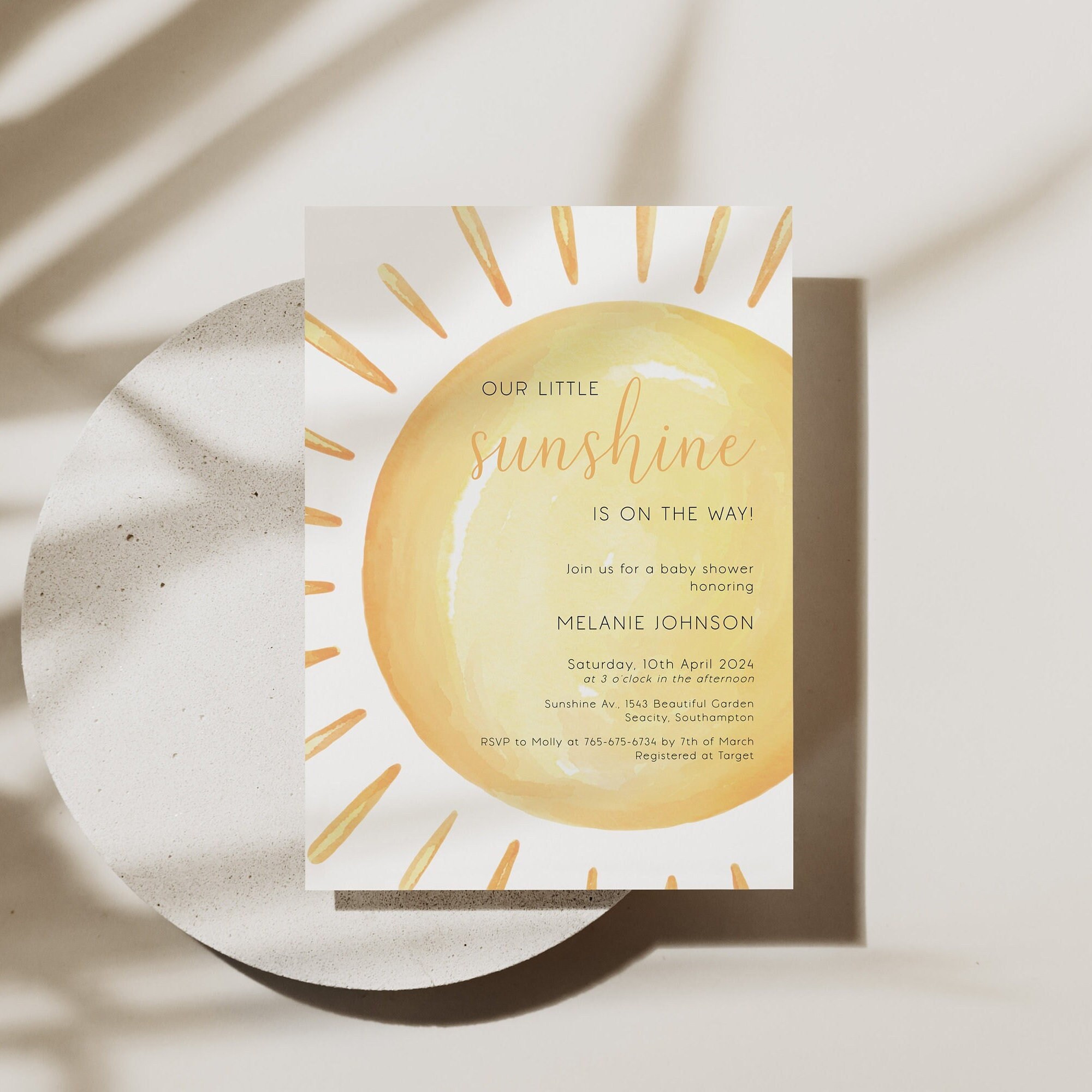 Sunshine Baby Shower Invitation Template, A Little Ray of Sunshine is ...