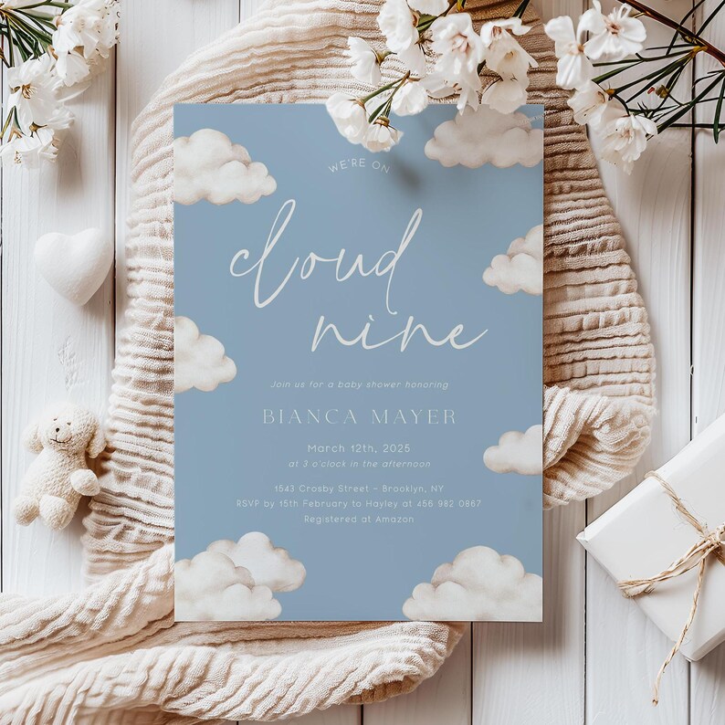 On Cloud Nine Baby Shower Invitation Template, Editable Blue Baby ...