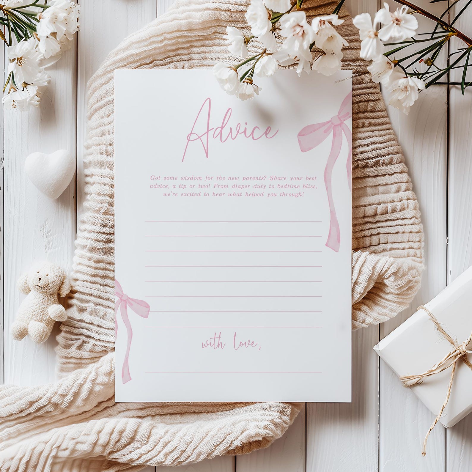 Pink Bow Baby Shower Advice Sign & Card Template (digital Download) - Etsy