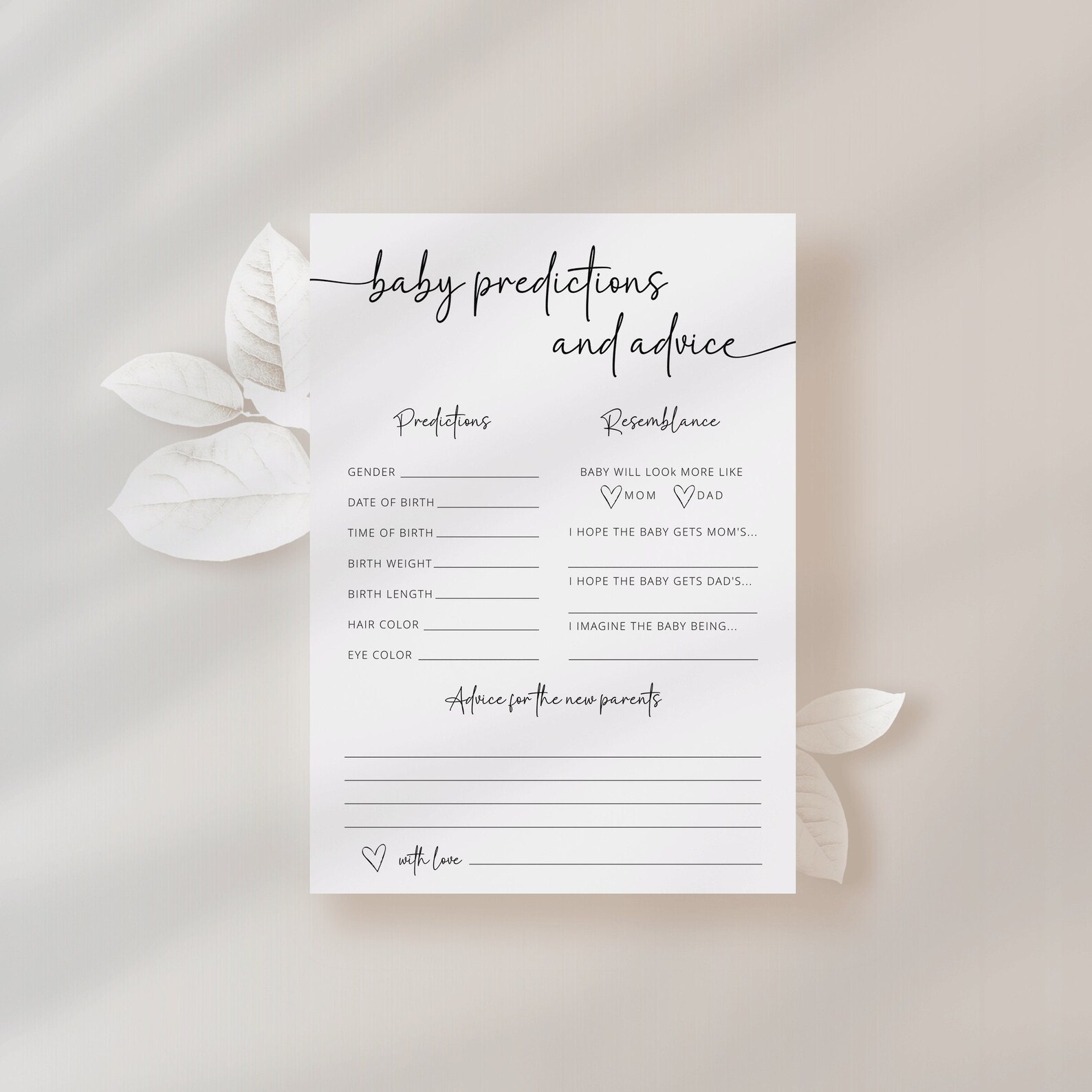 Minimalist Baby Shower Predictions Card Baby Predictions and - Etsy