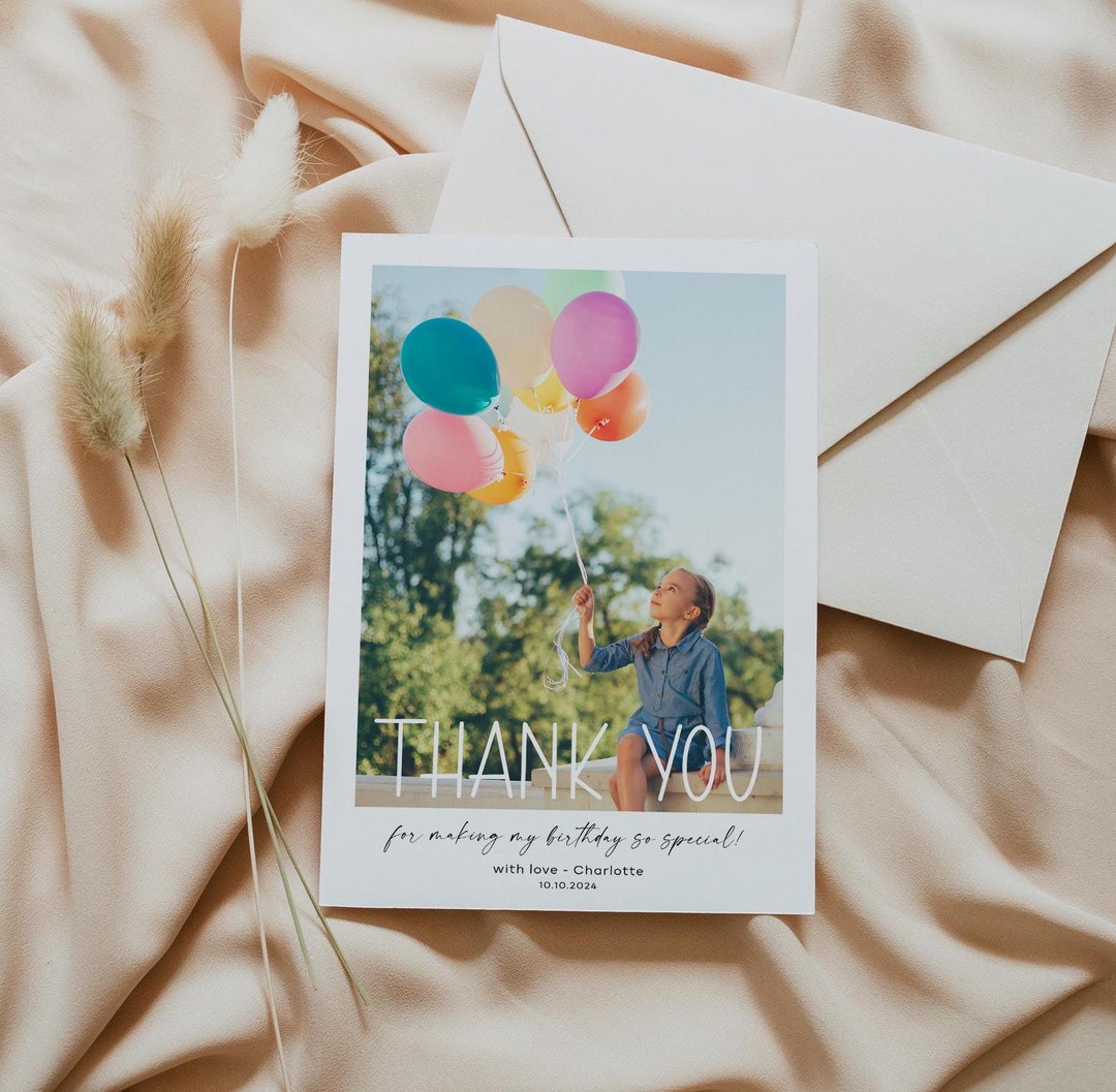 Editable Birthday Thank You Card Template, Photo Thank You Note ...