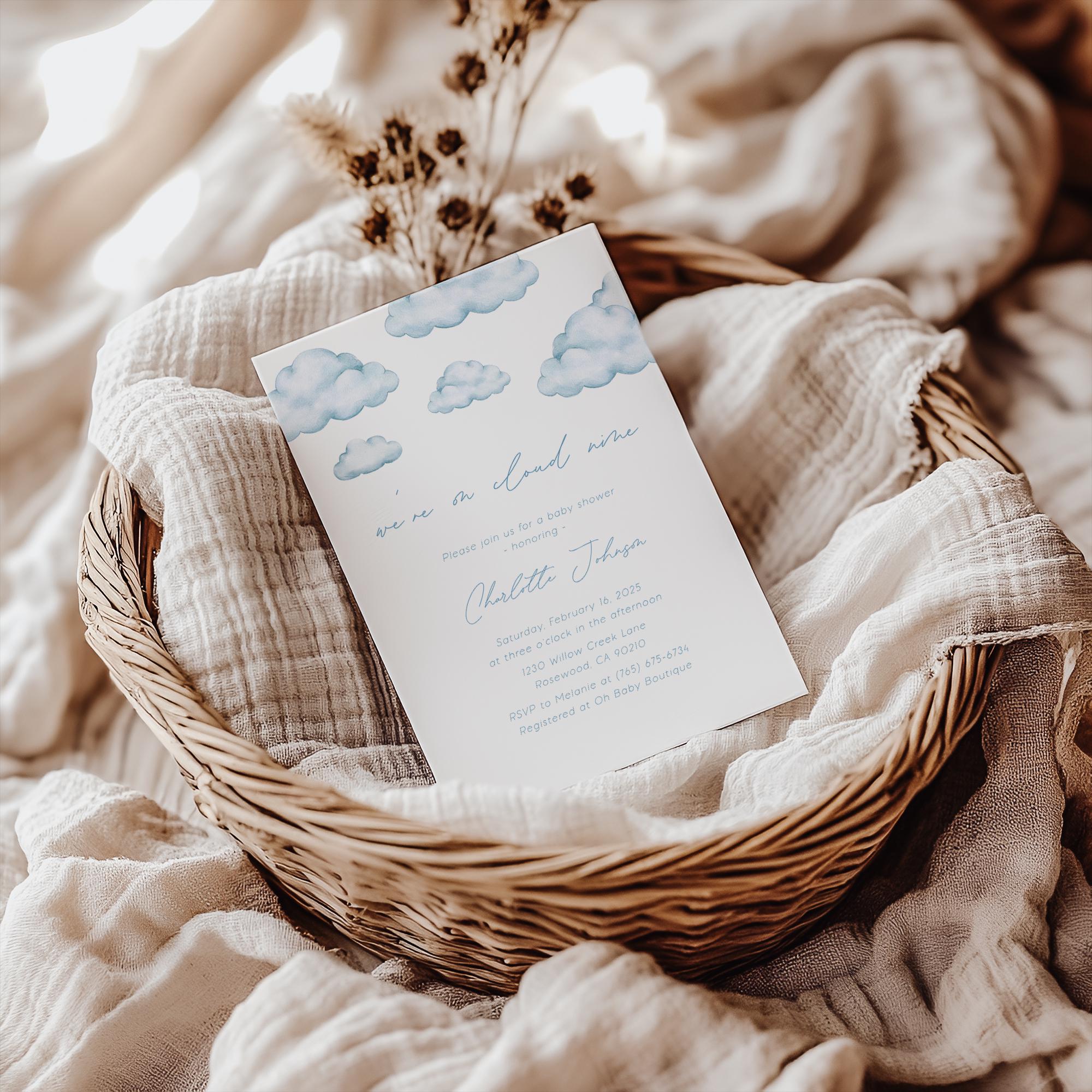 On Cloud Nine Baby Shower Invitation Template, Blue Cloud Baby Shower ...