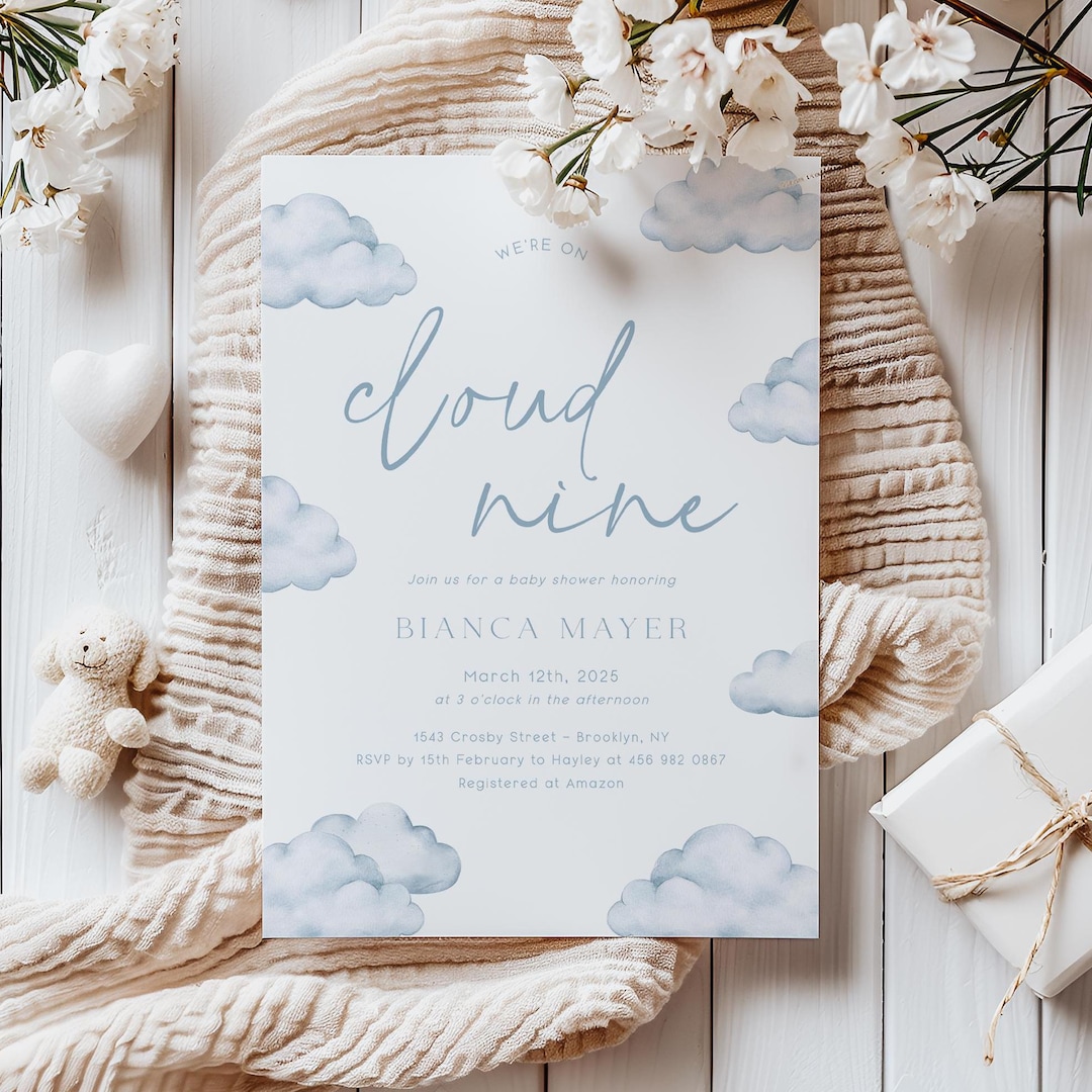On Cloud 9 Baby Shower Invitation Template, Editable Baby Shower Blue ...
