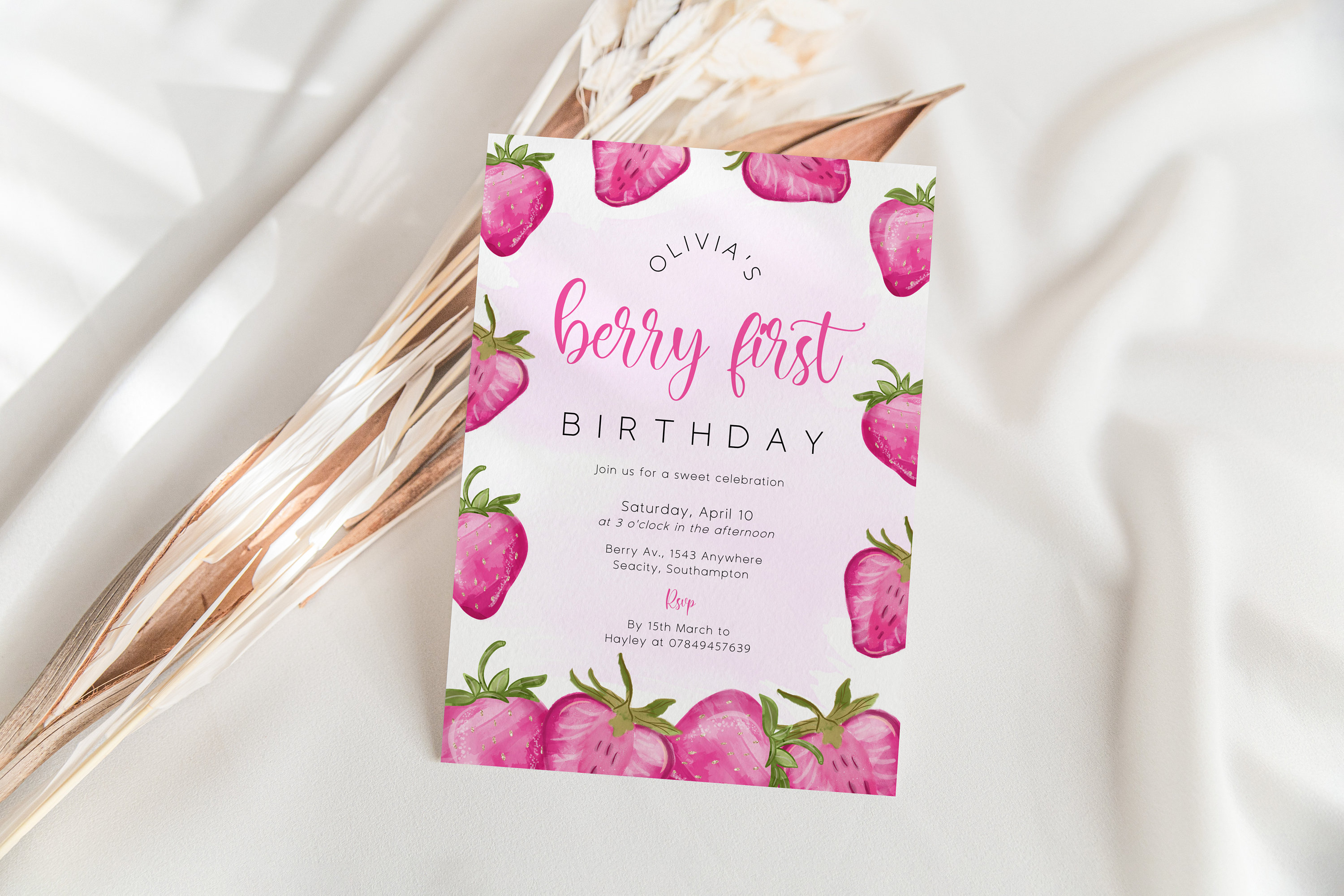 First Birthday Berry Invitation Template, Strawberry Birthday Party ...