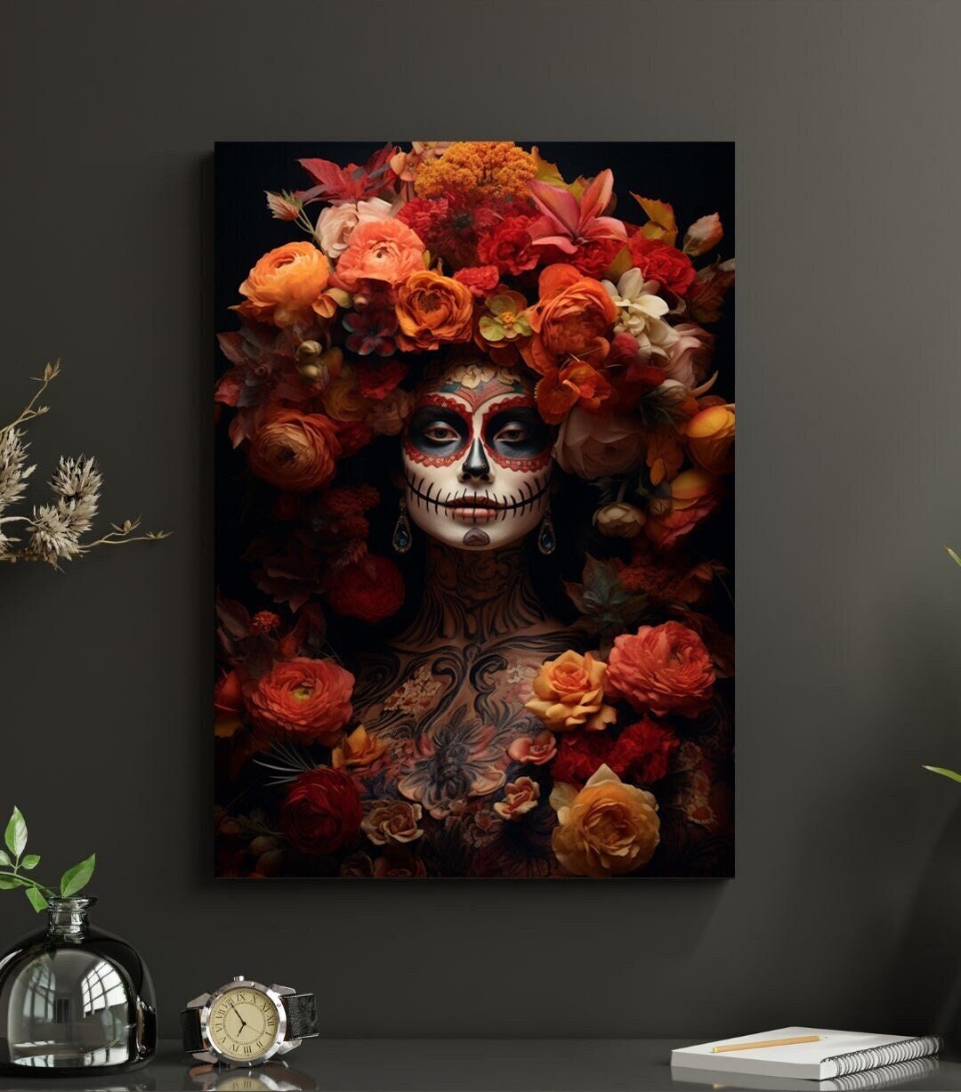 A Stunning Catrina Wearing a Flower Crown, Wall Decor, Dia De Muertos ...