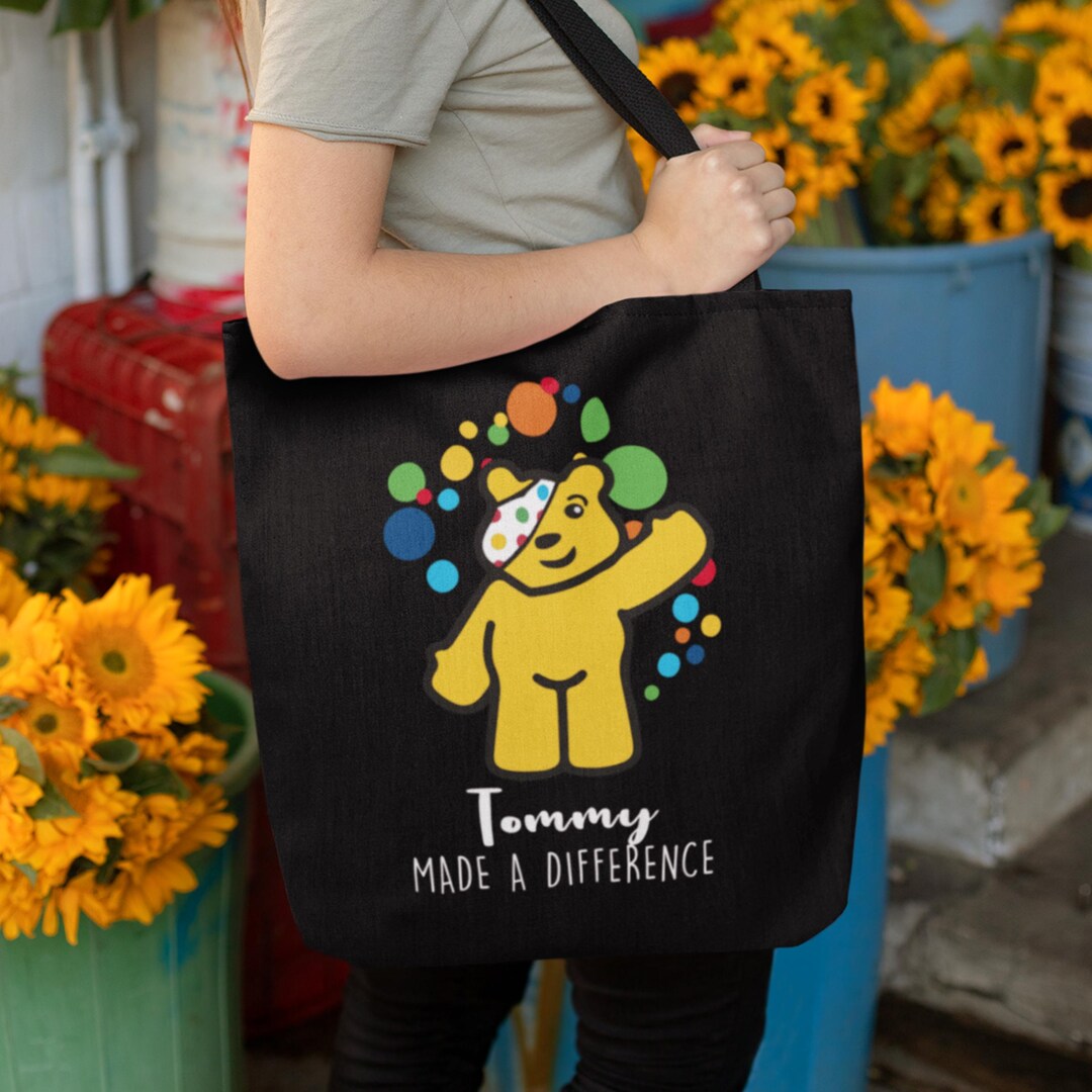 Personalised Name Waving Pudsey Bear Tote Bag, Colourful Dots Custom ...