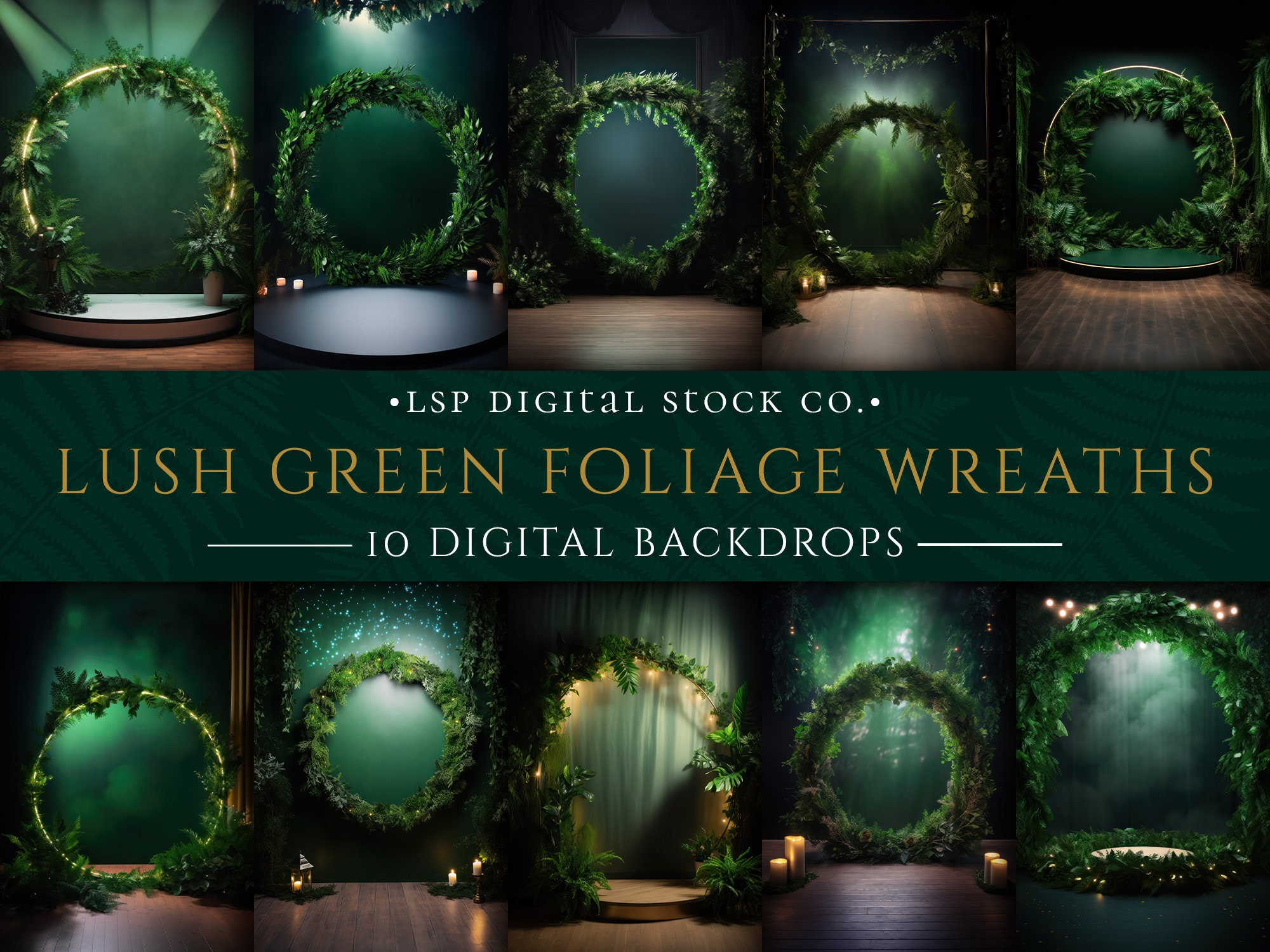 10 Lush Green Foliage Wreaths Digital Backdrops for Portraits for ...