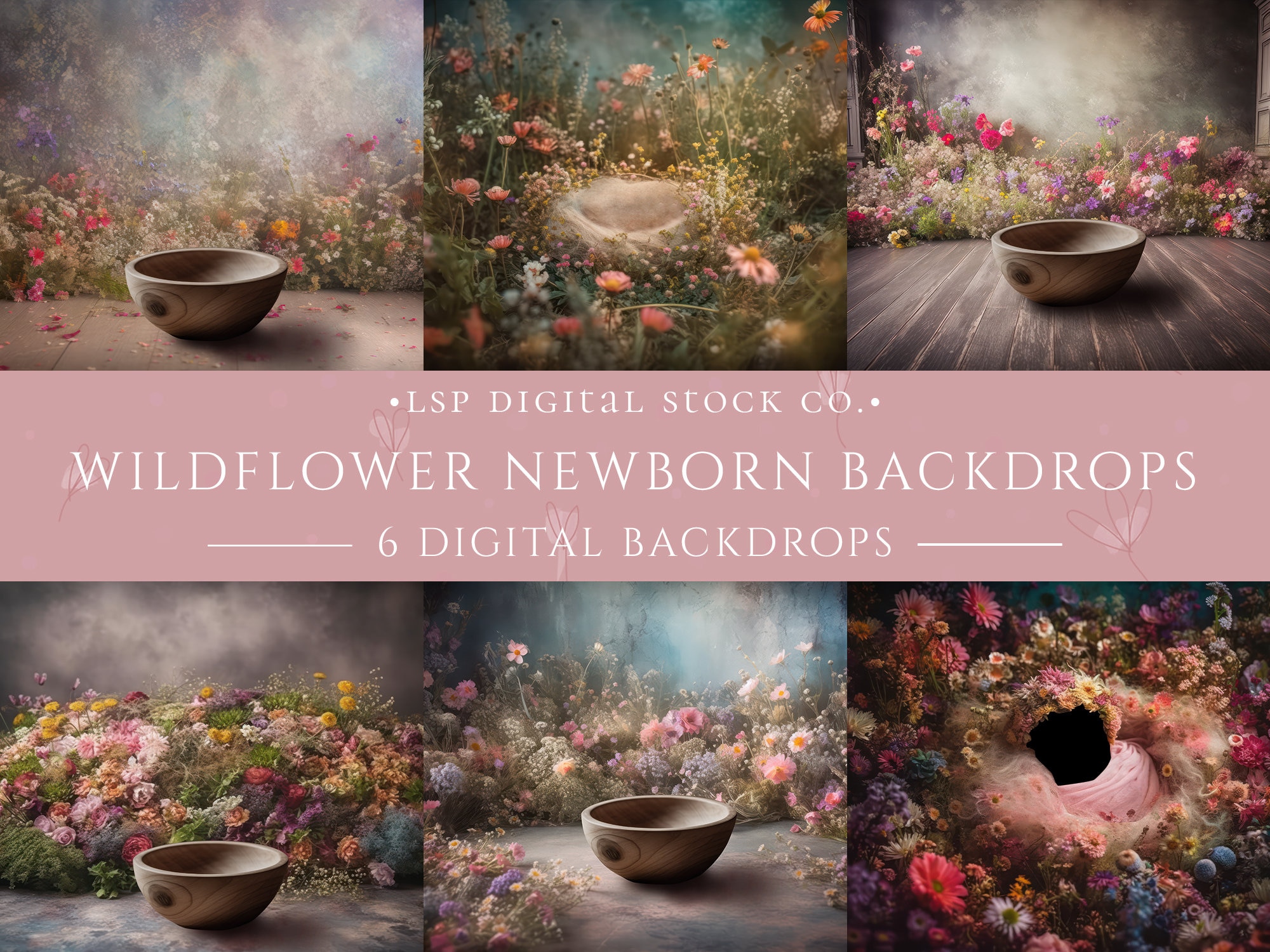 6 Wildflower Newborn Digital Backdrops & Photography Backgrounds for ...