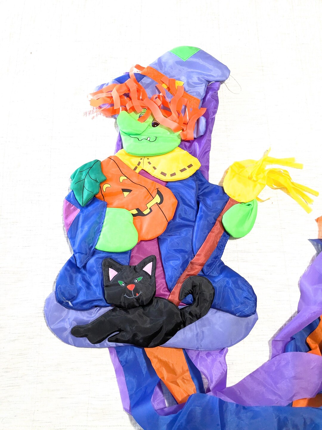 Vintage 90s Halloween Witch Windsock Black Cat Purple Green Face Jack O ...