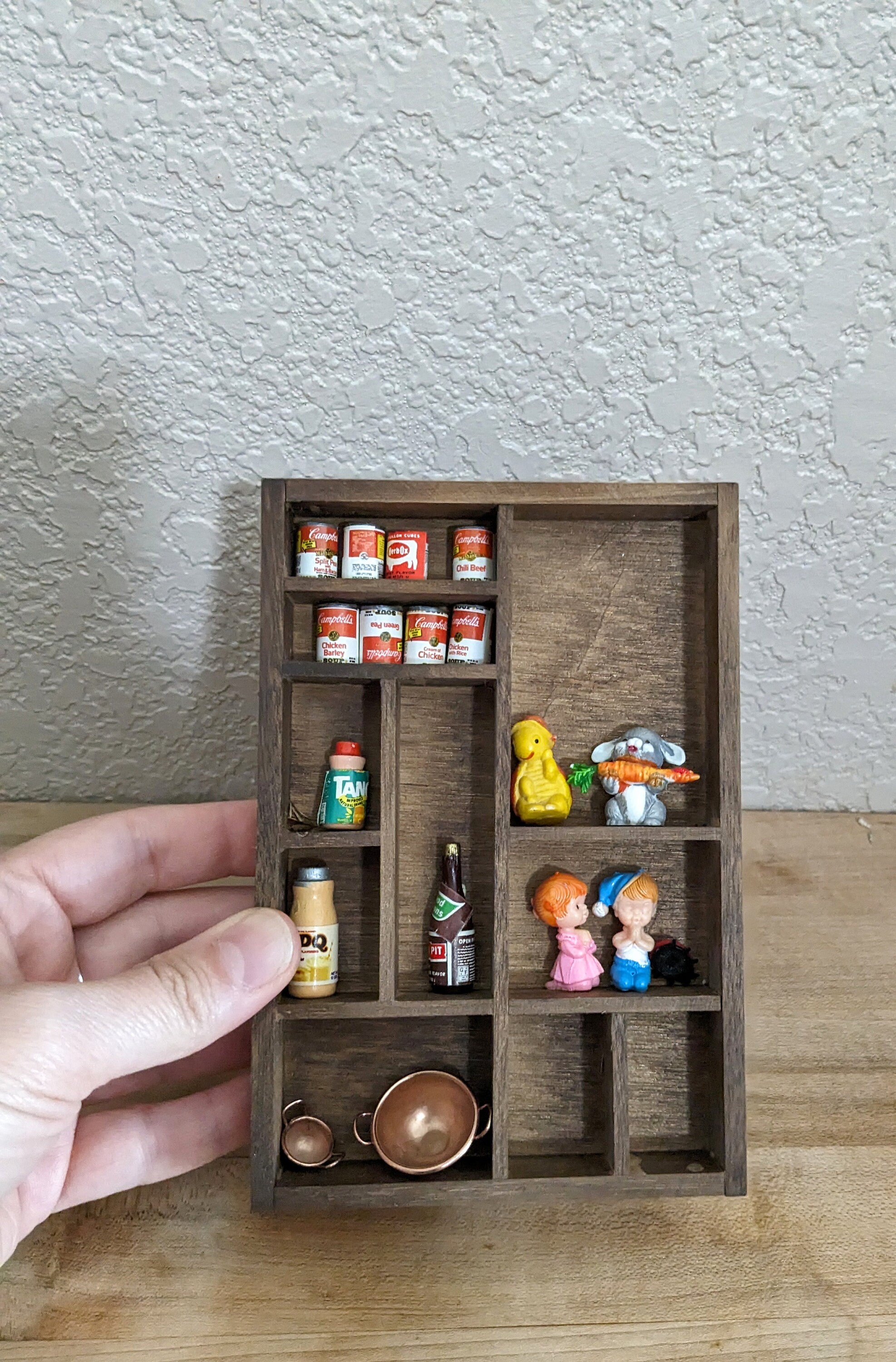 Vintage Dollhouse Miniature Food Shelf Pantry Soup Cans Bottles Copper ...