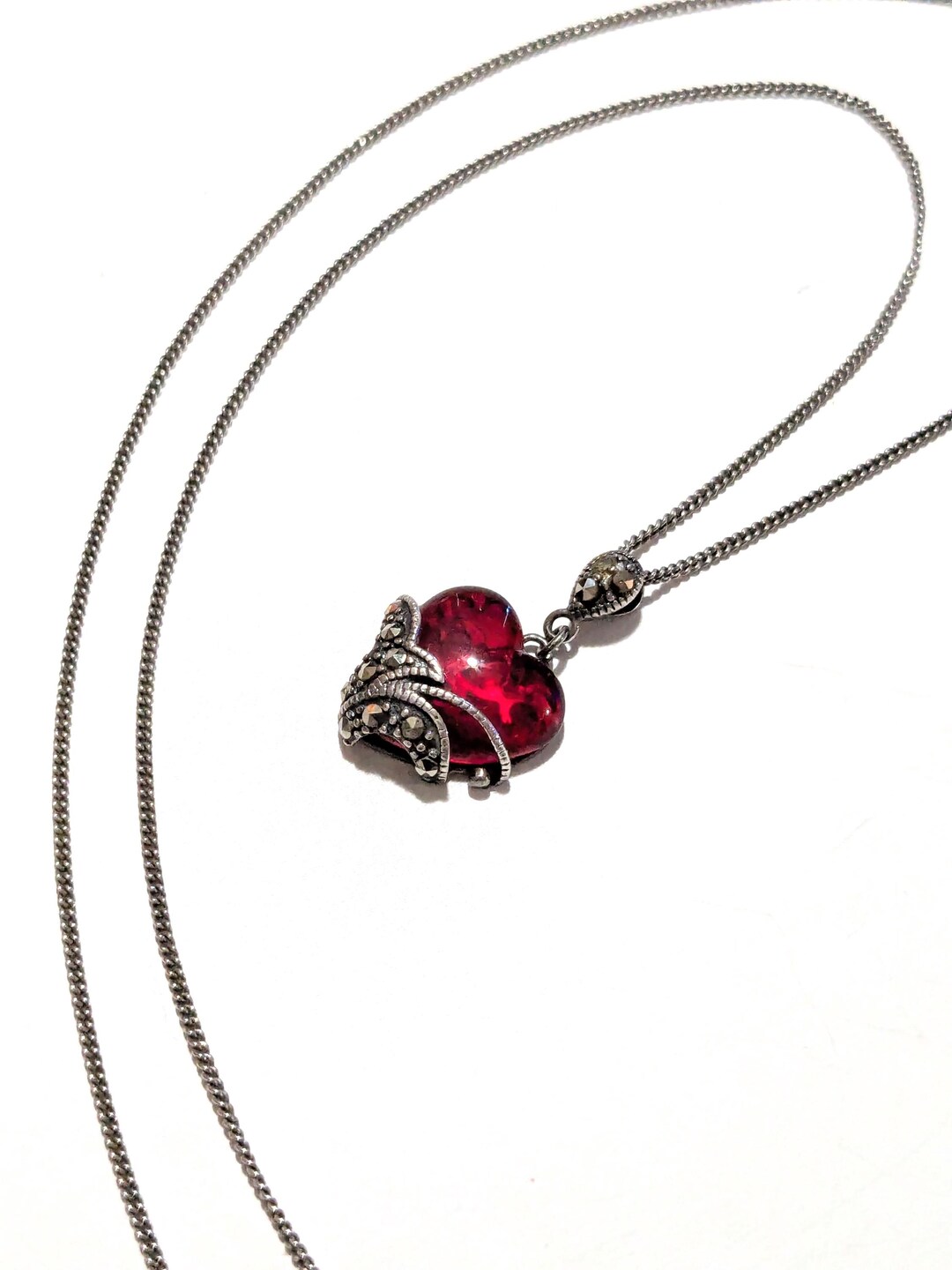 Sterling Silver Heart Necklace Red Glass Pendant Charm Marcasite ...