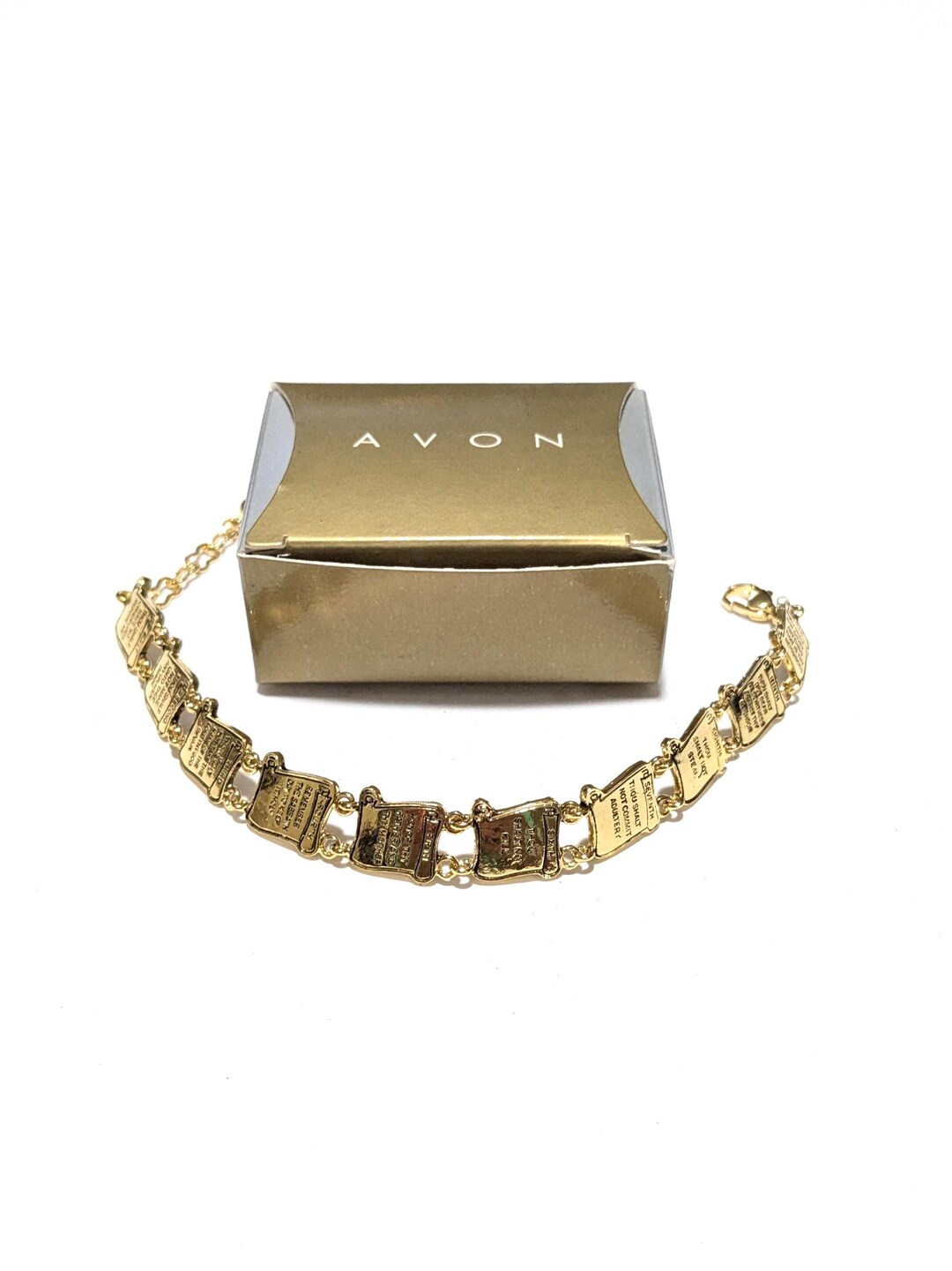 Vintage 90s Avon Ten Commandments Bracelet Gold Tone Chain Scroll Links ...