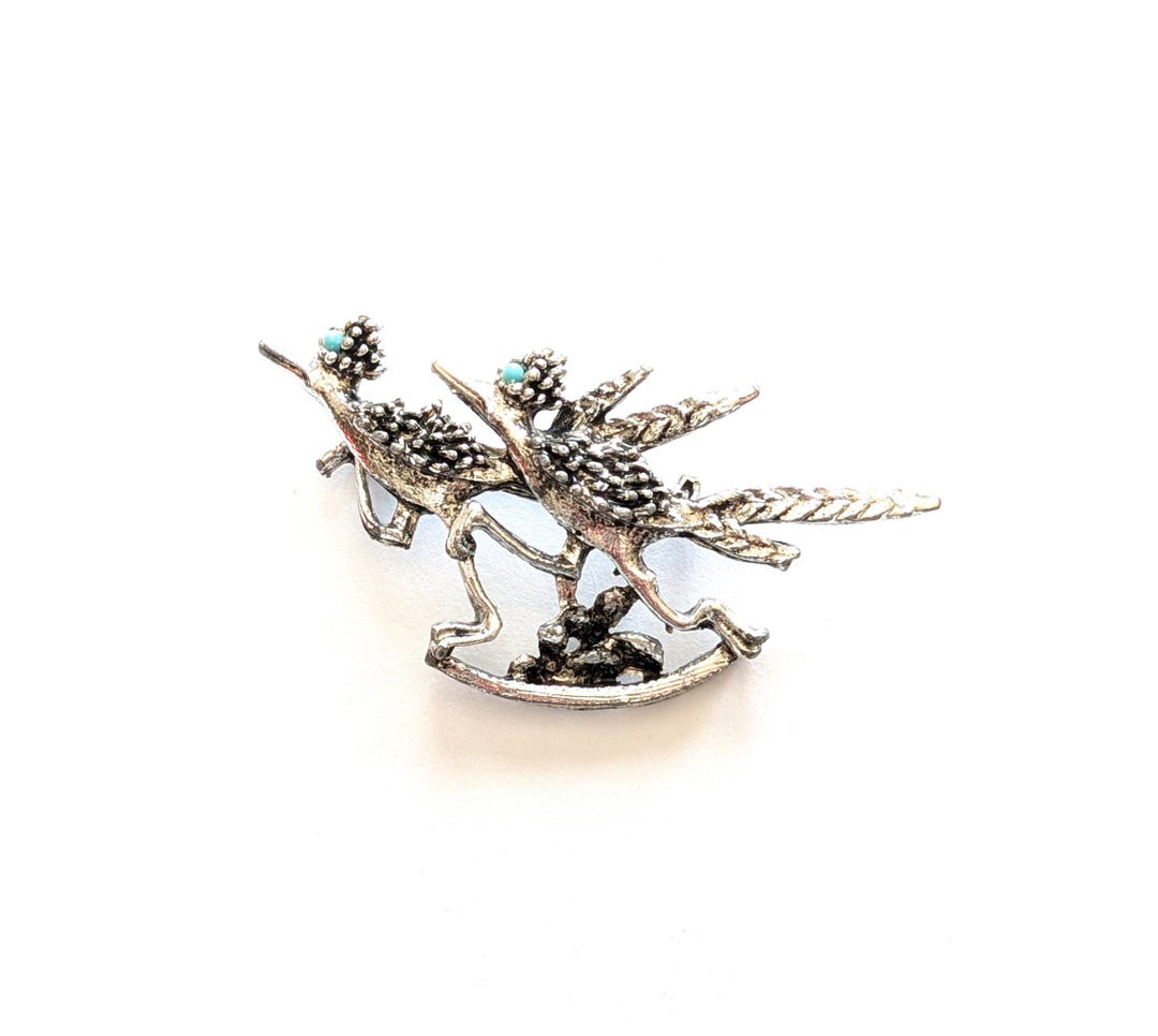 Vintage Double Roadrunner Brooch Silver Tone Turquoise Colored ...