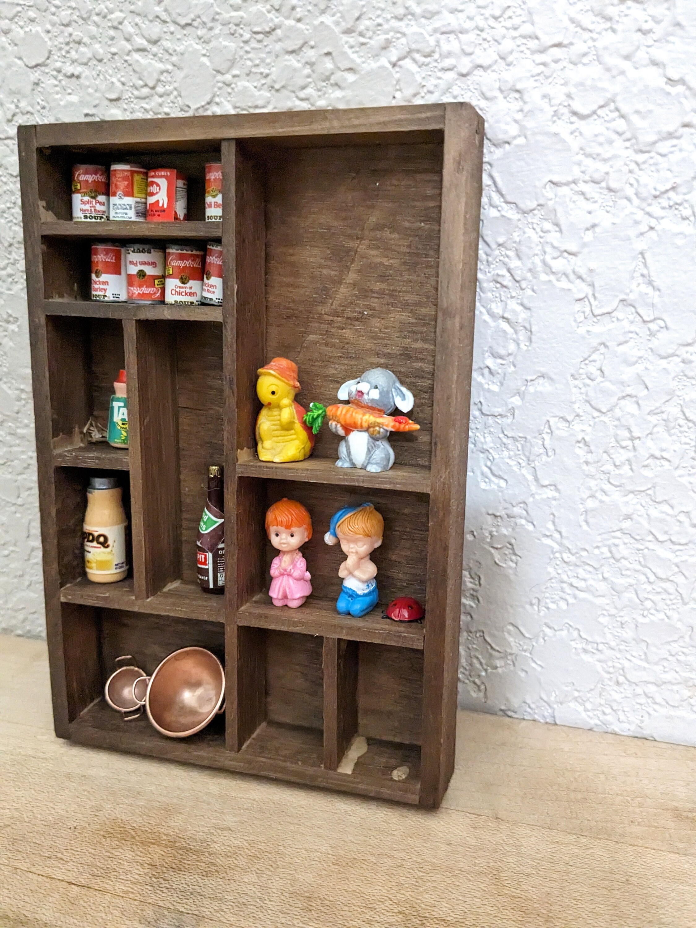 Vintage Dollhouse Miniature Food Shelf Pantry Soup Cans Bottles Copper ...