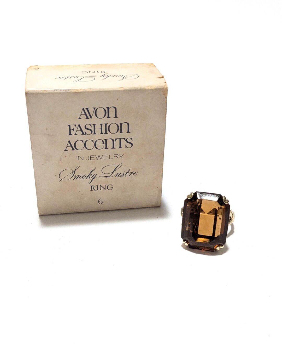 Vintage 70s Avon Ring Large Brown Topaz Colored Glass 1978 Smoky Lustre ...