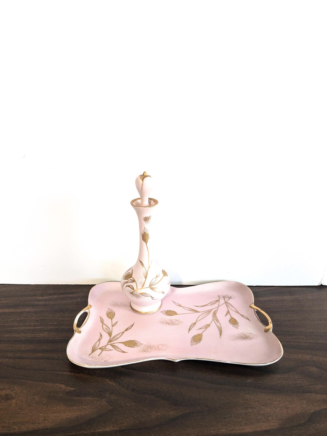 Vintage 60s Pink Vanity Tray Set Perfume Bottle Gold Accents Romantic ...