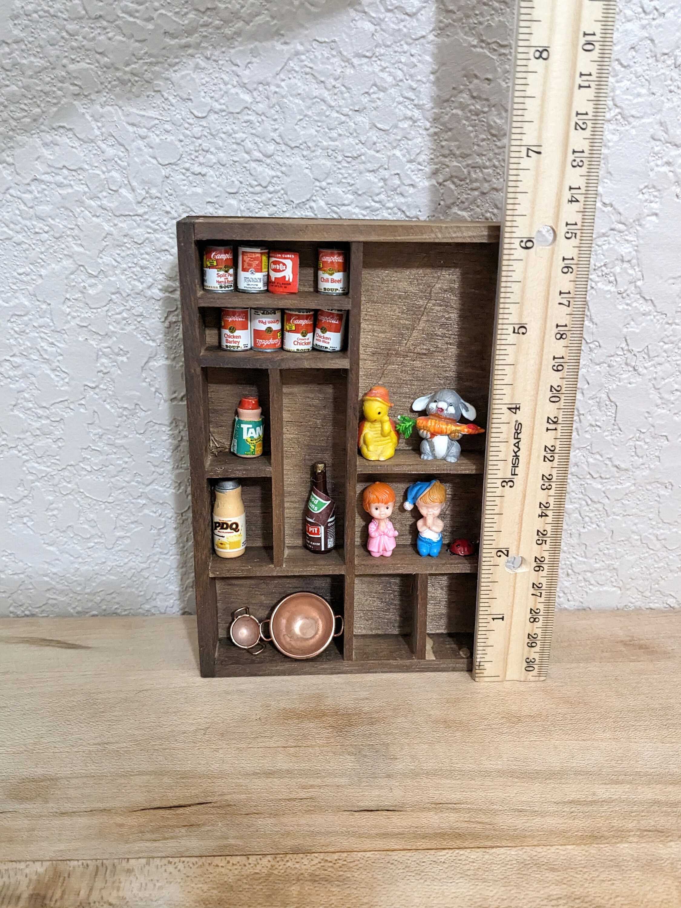 Vintage Dollhouse Miniature Food Shelf Pantry Soup Cans Bottles Copper ...