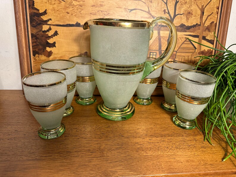 Vintage Mid Century Modern Uranium Glass Jug Set Green - Etsy