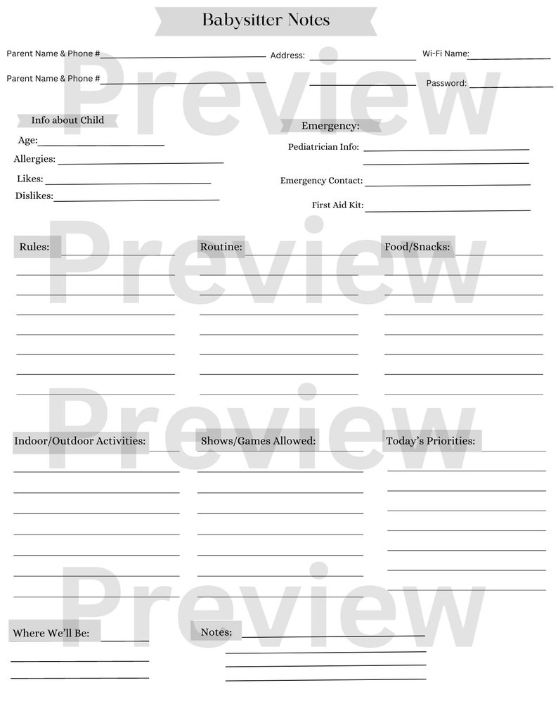 Notes for Babysitter, Cheat Sheet for Babysitter, Guidelines for ...