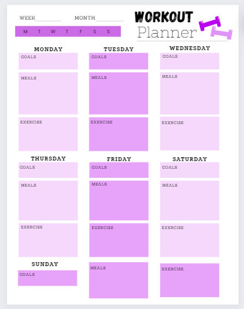Printable Workout Planner, Plan Your Weekly Workouts, Plan Daily Meals ...