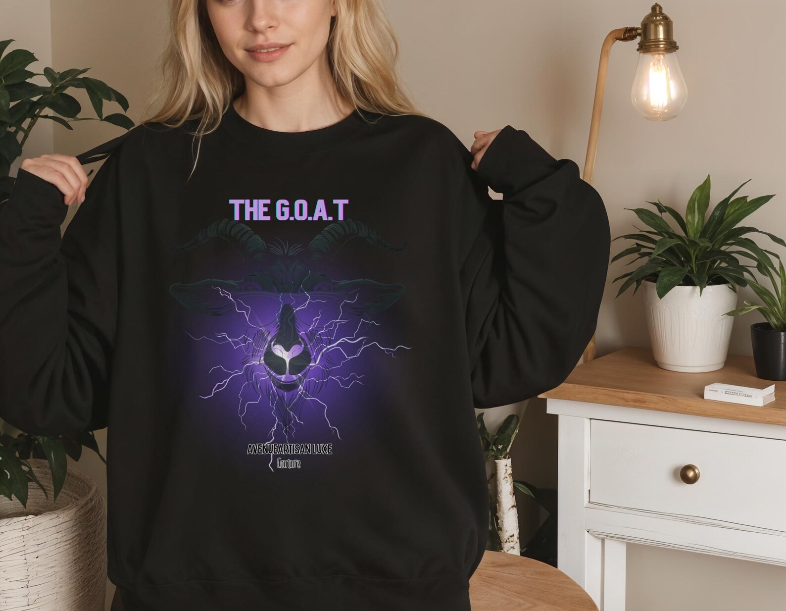 Electrifying Purple Lightning G.o.a.t Graphic Sweater, Cozy Pullover ...