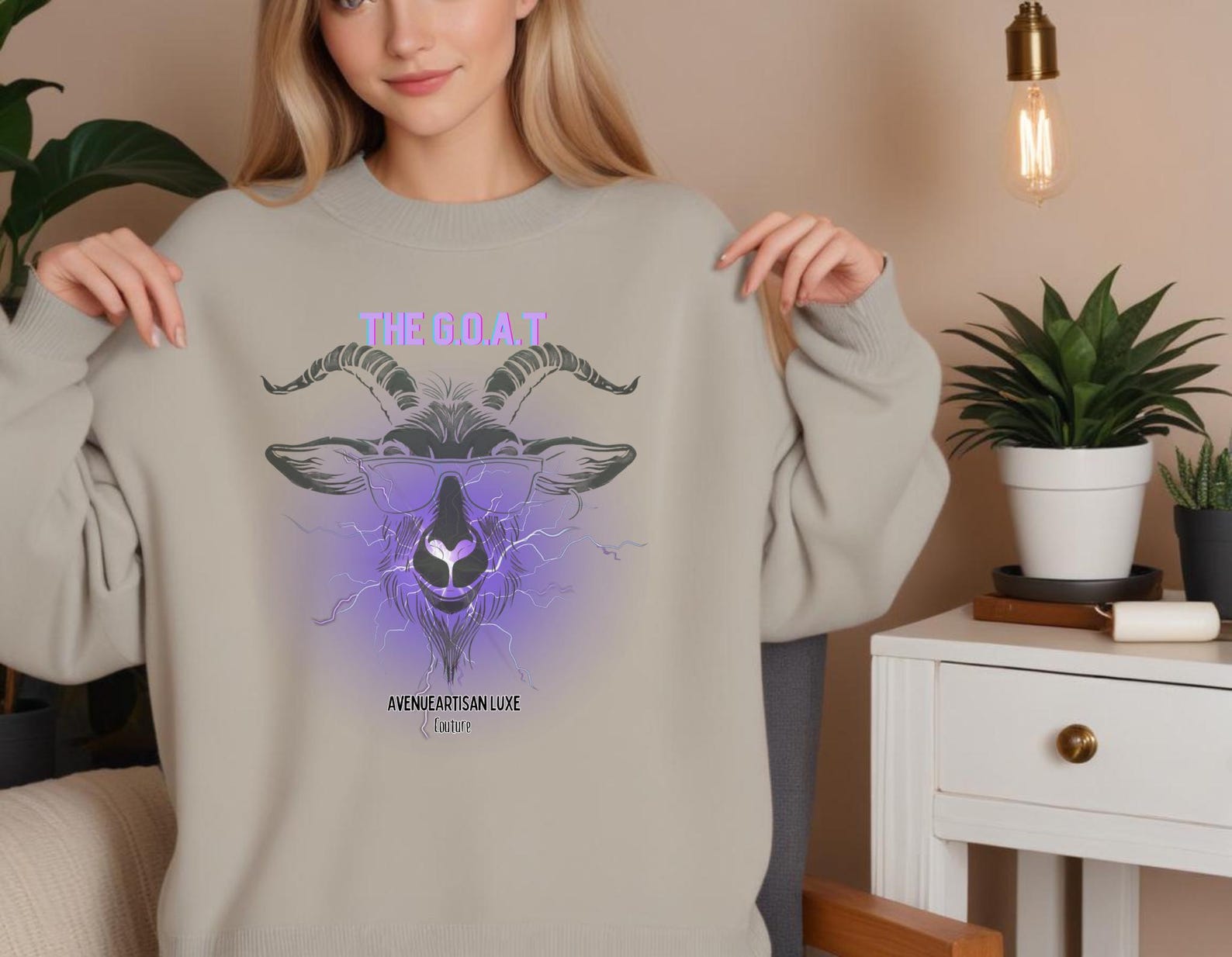 Electrifying Purple Lightning G.o.a.t Graphic Sweater, Cozy Pullover ...