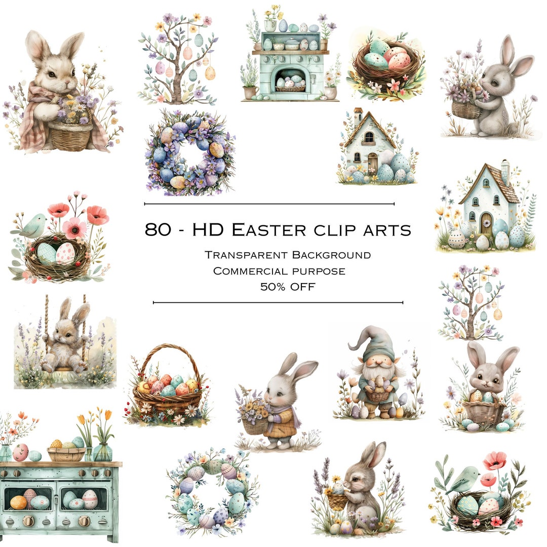 Easter Cliparts Bundle - 80 HD PNG Files, Clipart Pastel Colors and ...