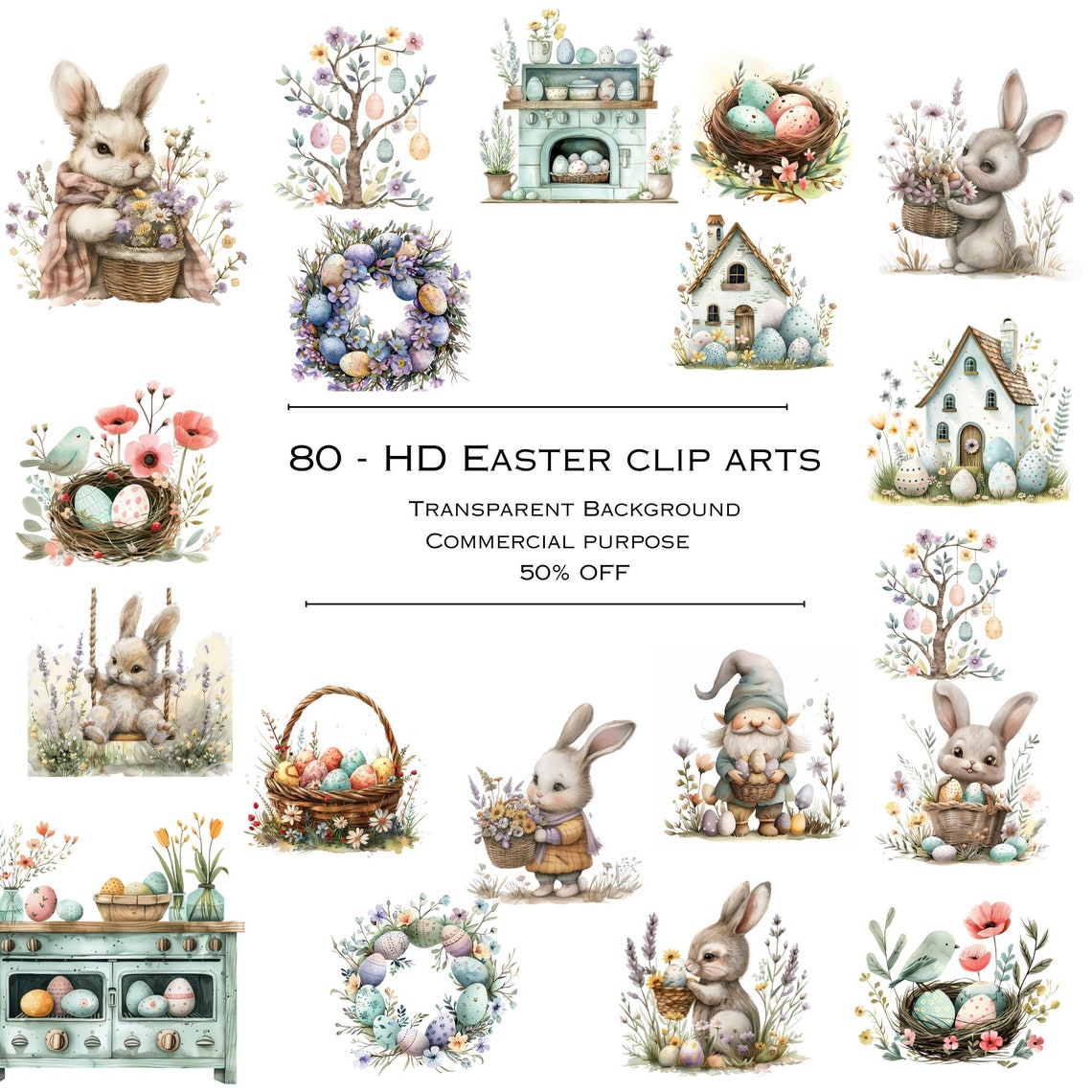 Easter Cliparts Bundle 80 HD PNG Files, Clipart Pastel Colors and Rusty ...