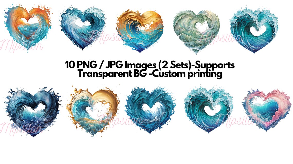 Heart Waves Watercolor Clipart, Instant Download, 10 High Quality PNG ...