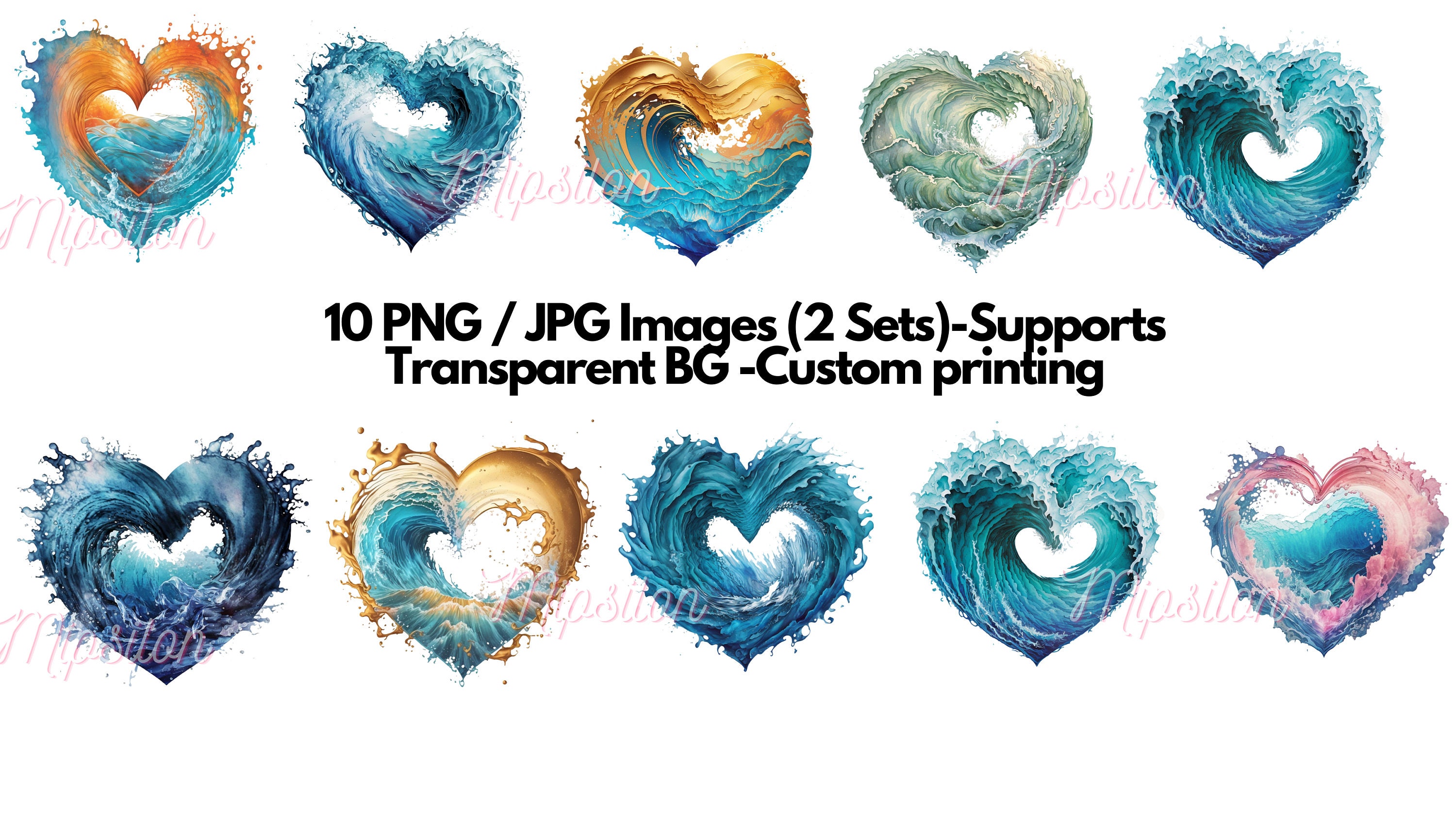 Heart Waves Watercolor Clipart, Instant, 10 High Quality PNG and JPG ...