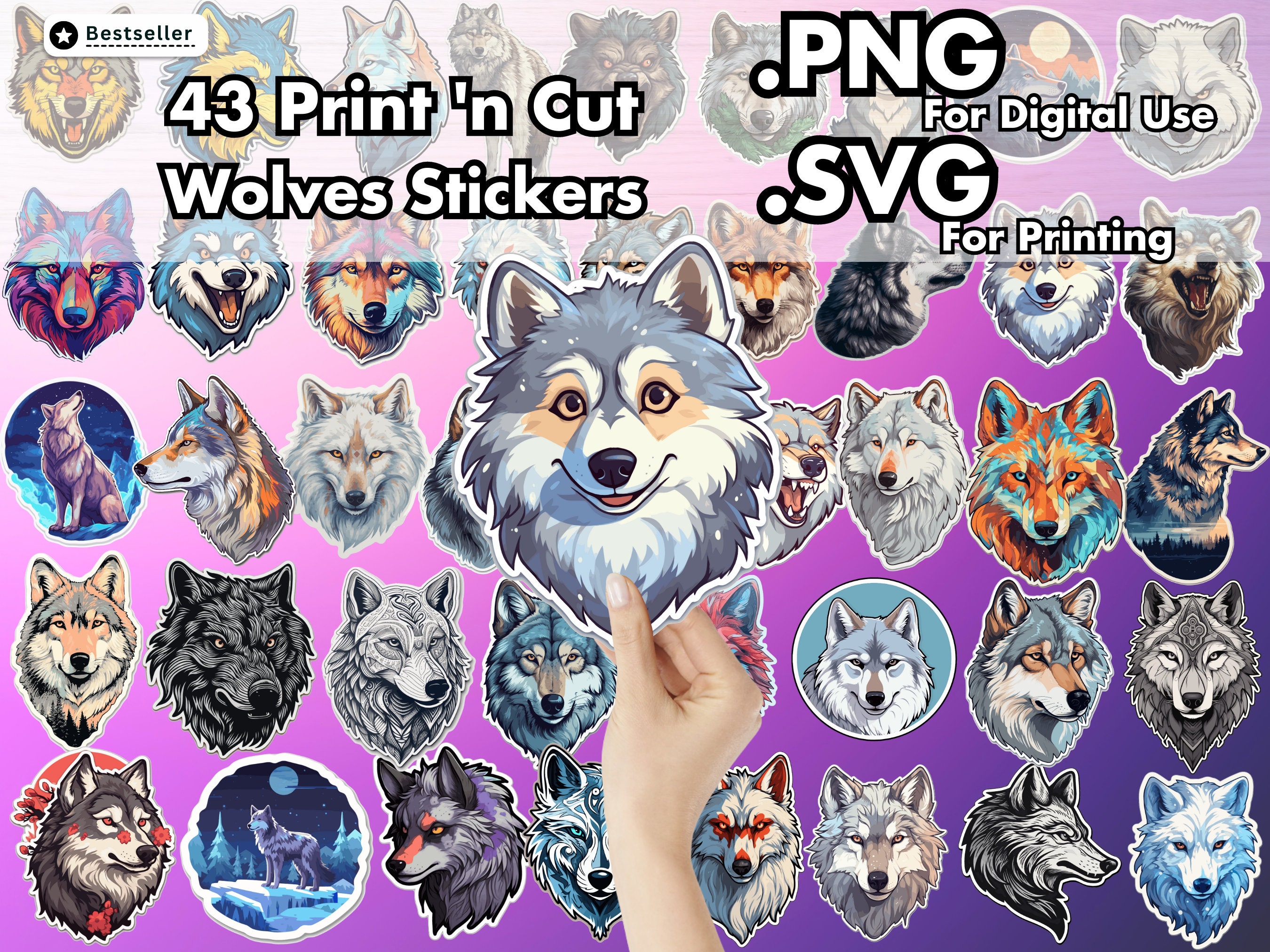 Wolf Sticker PNG Bundle 43 Cute Wolves Designs Printable - Etsy