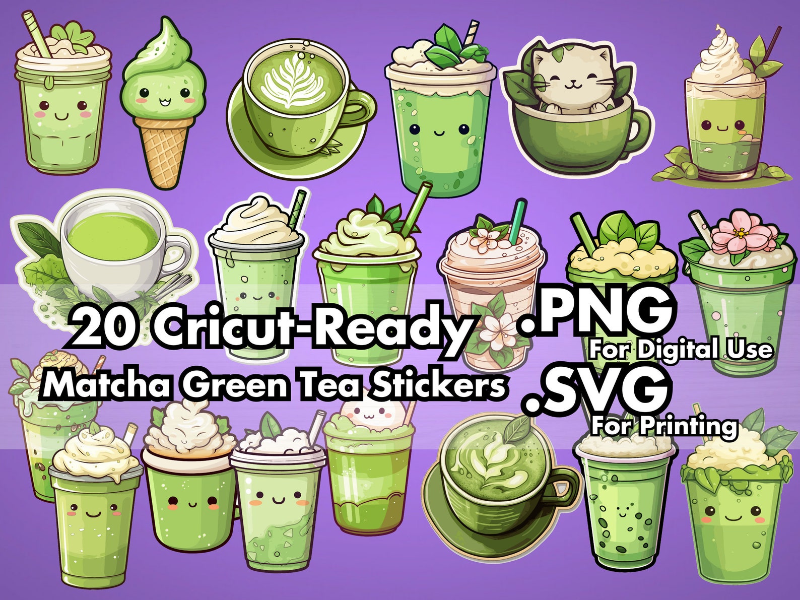Matcha Sticker Bundle 20 Cute Chibi Green Tea SVG PNG - Etsy