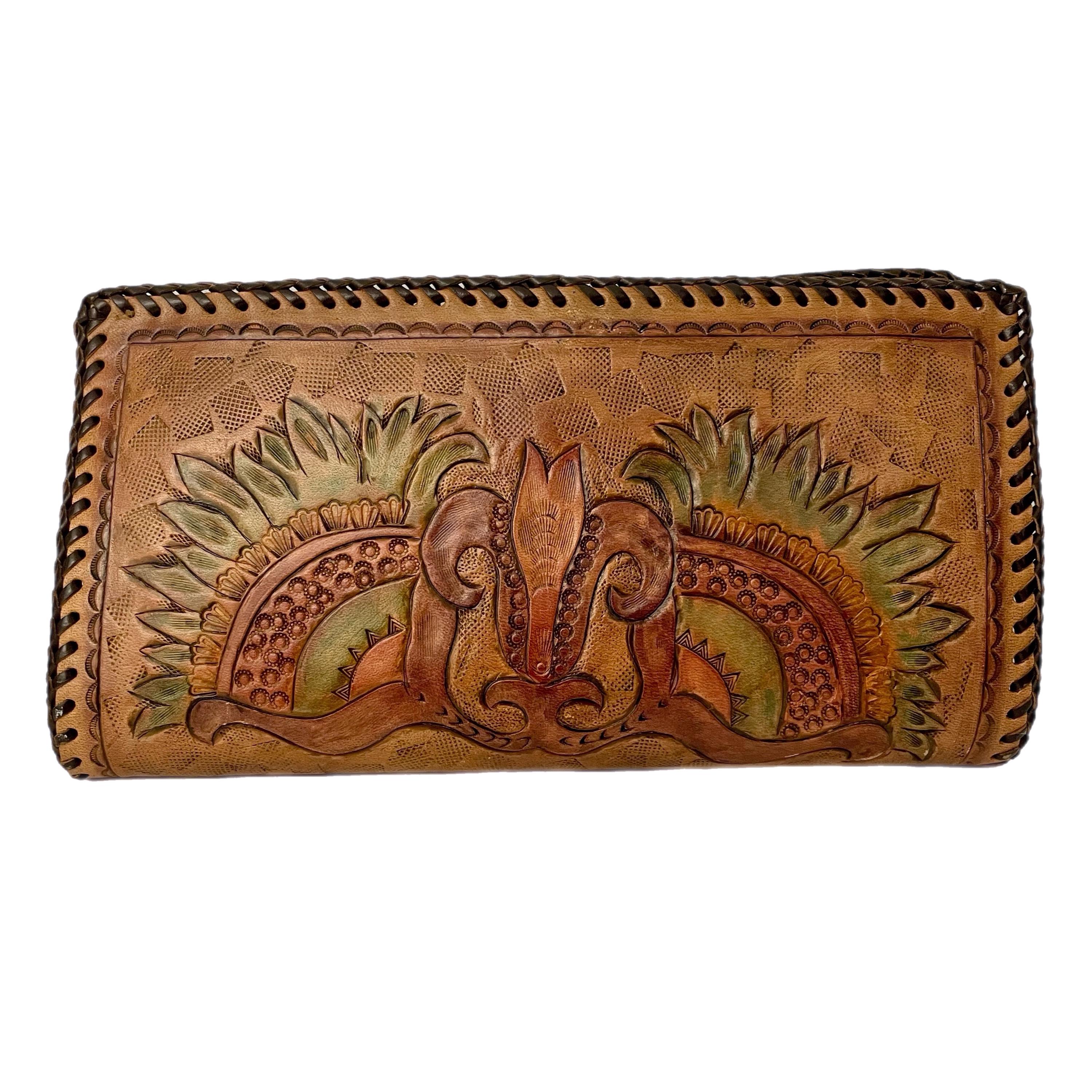 Vintage Hand Tooled Leather Ladies Wallet, Floral Folk Design Leather ...